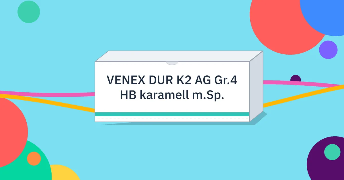 Symbolbild: Packung mit der Aufschrift VENEX DUR K2 AG Gr.4 HB karamell m.Sp. (PZN 13757727) – Verfügbarkeit und Bezug in Apotheken in Frankfurt am Main