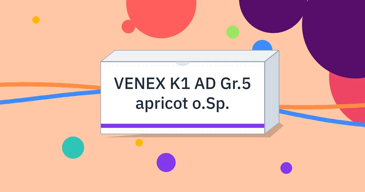 Symbolbild: Packung mit der Aufschrift VENEX K1 AD Gr.5 apricot o.Sp. (PZN 03185589) – Verfügbarkeit und Bezug in Apotheken in Frankfurt am Main
