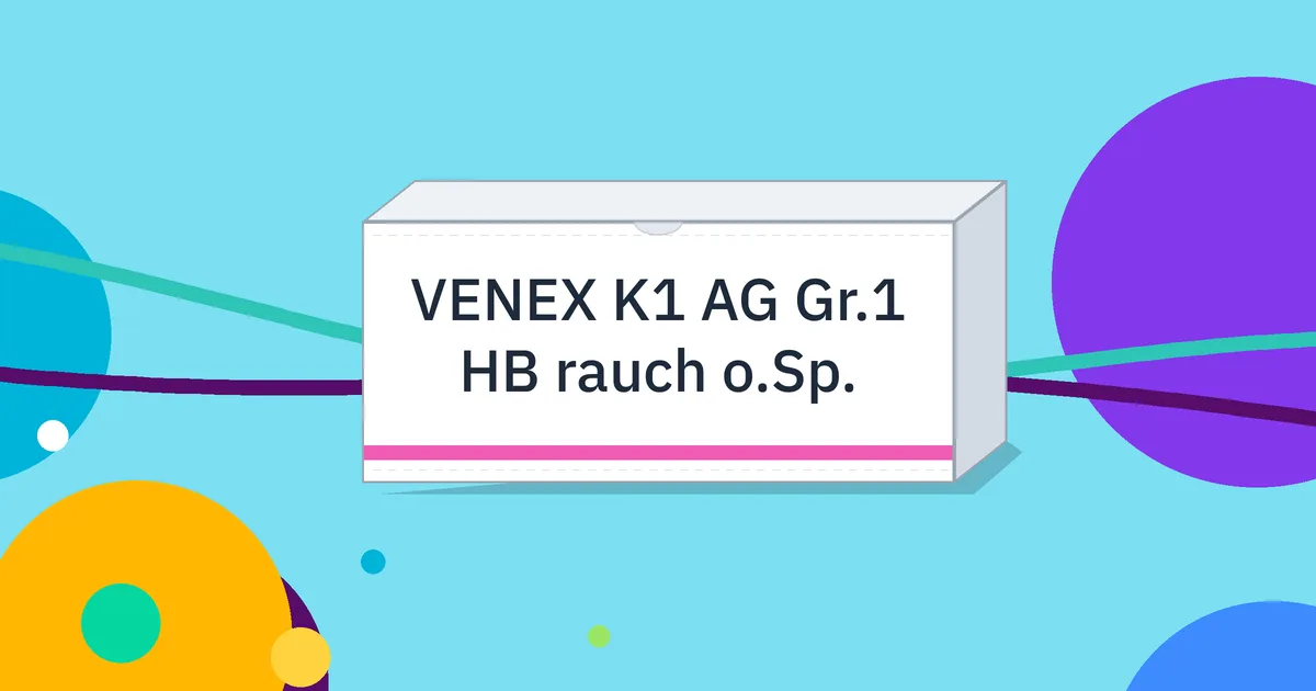 Symbolbild: Packung mit der Aufschrift VENEX K1 AG Gr.1 HB rauch o.Sp. (PZN 03192721) – Verfügbarkeit und Bezug in Apotheken in Frankfurt am Main