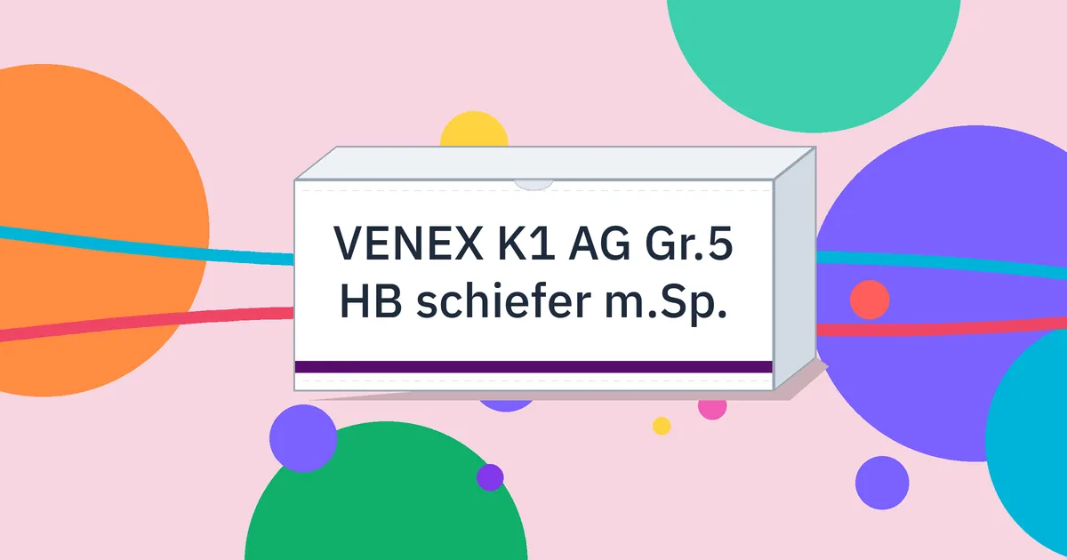 Symbolbild: Packung mit der Aufschrift VENEX K1 AG Gr.5 HB schiefer m.Sp. (PZN 03191839) – Verfügbarkeit und Bezug in Apotheken in Frankfurt am Main