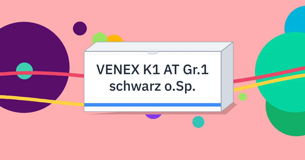 Symbolbild: Packung mit der Aufschrift VENEX K1 AT Gr.1 schwarz o.Sp. (PZN 03198304) – Verfügbarkeit und Bezug in Apotheken in Frankfurt am Main
