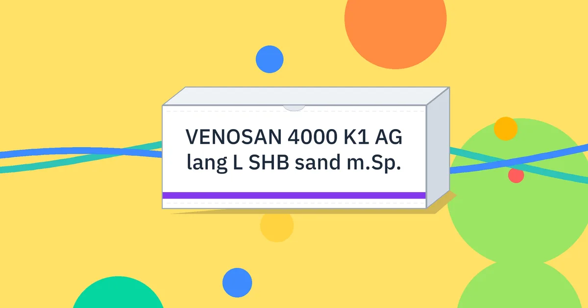 Symbolbild: Packung mit der Aufschrift VENOSAN 4000 K1 AG lang L SHB sand m.Sp. (PZN 14422035) – Verfügbarkeit und Bezug in Apotheken in Frankfurt am Main