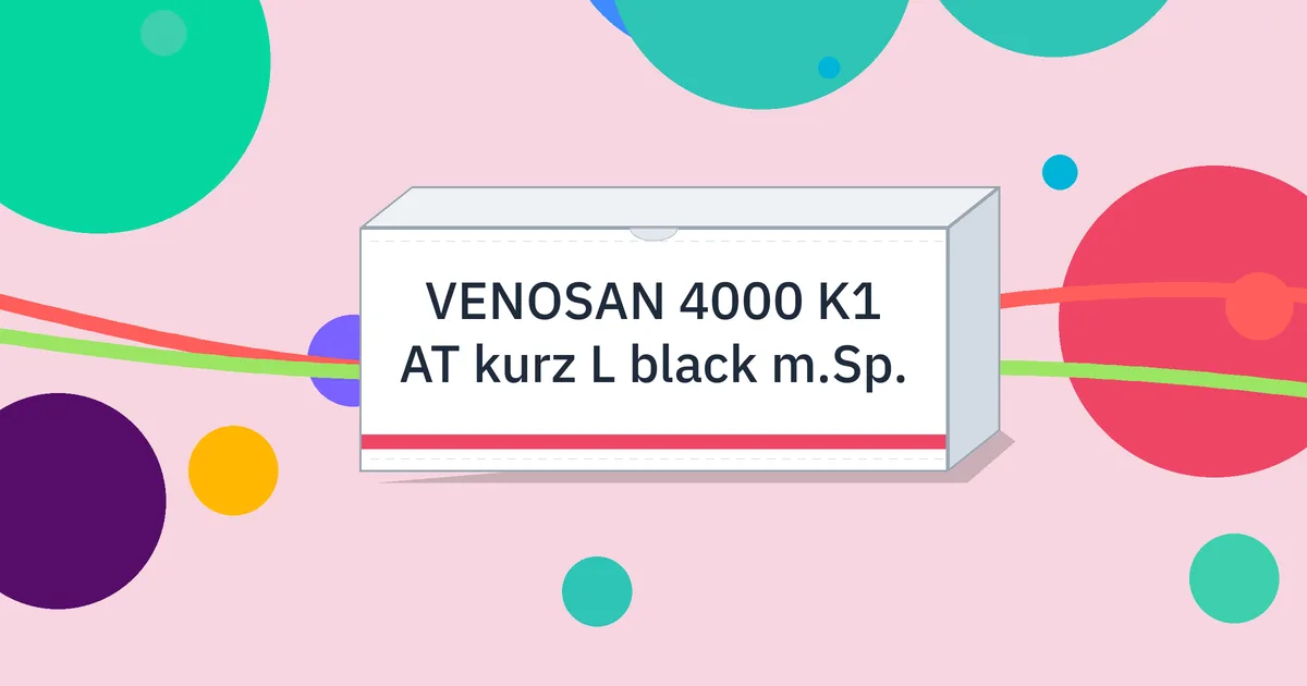 Symbolbild: Packung mit der Aufschrift VENOSAN 4000 K1 AT kurz L black m.Sp. (PZN 14426731) – Verfügbarkeit und Bezug in Apotheken in Frankfurt am Main