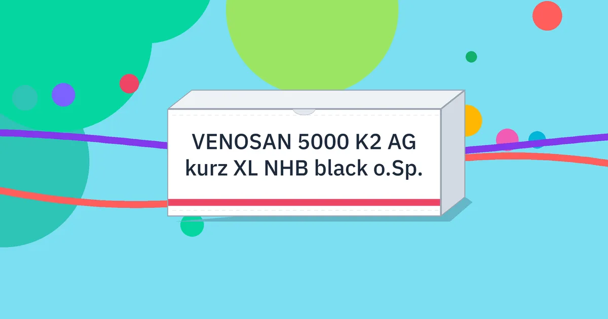 Symbolbild: Packung mit der Aufschrift VENOSAN 5000 K2 AG kurz XL NHB black o.Sp. (PZN 14433783) – Verfügbarkeit und Bezug in Apotheken in Frankfurt am Main