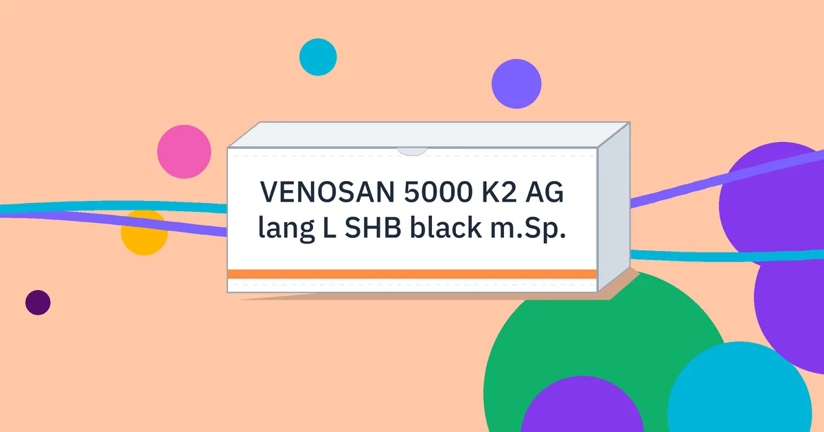Symbolbild: Packung mit der Aufschrift VENOSAN 5000 K2 AG lang L SHB black m.Sp. (PZN 14433576) – Verfügbarkeit und Bezug in Apotheken in Frankfurt am Main