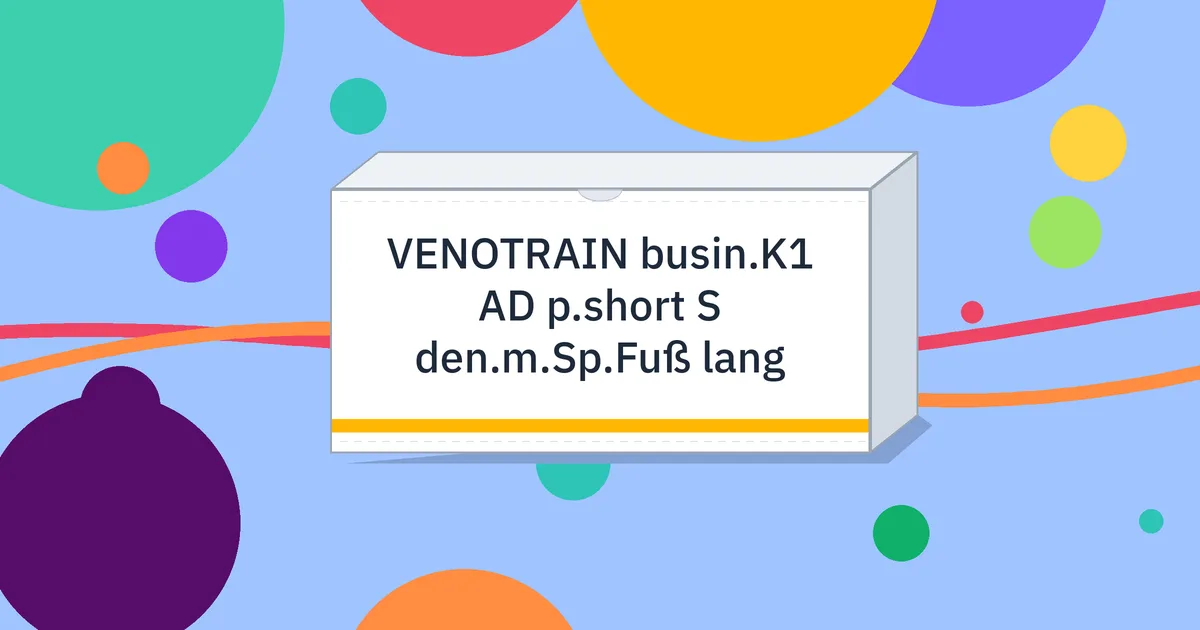 Symbolbild: Packung mit der Aufschrift VENOTRAIN busin.K1 AD p.short S den.m.Sp.Fuß lang (PZN 19056658) – Verfügbarkeit und Bezug in Apotheken in Frankfurt am Main