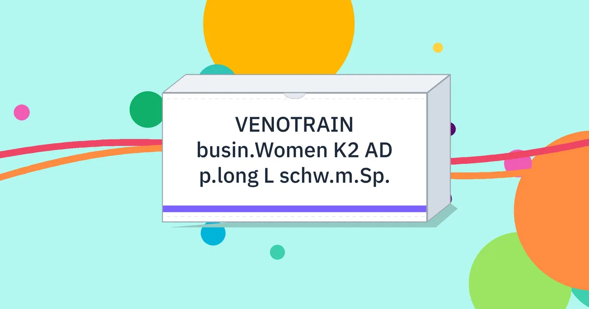 Symbolbild: Packung mit der Aufschrift VENOTRAIN busin.Women K2 AD p.long L schw.m.Sp. (PZN 10196398) – Verfügbarkeit und Bezug in Apotheken in Frankfurt am Main