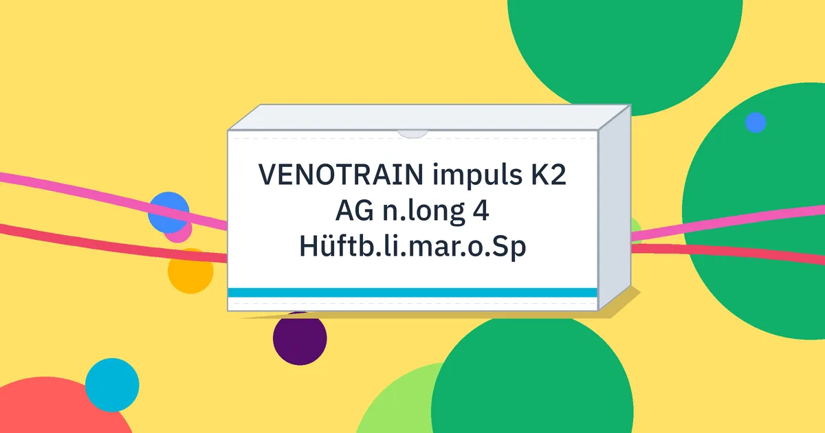 Symbolbild: Packung mit der Aufschrift VENOTRAIN impuls K2 AG n.long 4 Hüftb.li.mar.o.Sp (PZN 15219129) – Verfügbarkeit und Bezug in Apotheken in Frankfurt am Main
