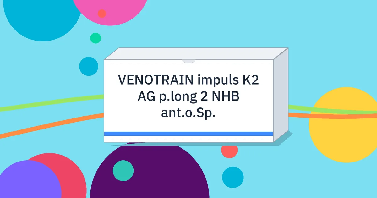 Symbolbild: Packung mit der Aufschrift VENOTRAIN impuls K2 AG p.long 2 NHB ant.o.Sp. (PZN 15215137) – Verfügbarkeit und Bezug in Apotheken in Frankfurt am Main