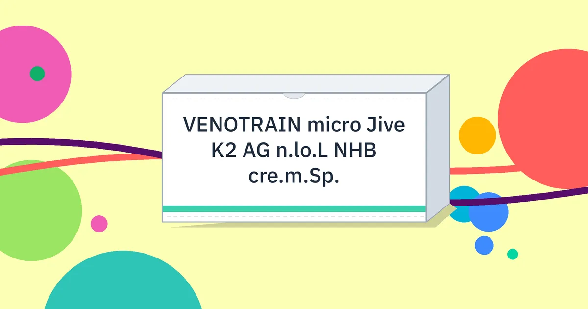 Symbolbild: Packung mit der Aufschrift VENOTRAIN micro Jive K2 AG n.lo.L NHB cre.m.Sp. (PZN 17763587) – Verfügbarkeit und Bezug in Apotheken in Frankfurt am Main