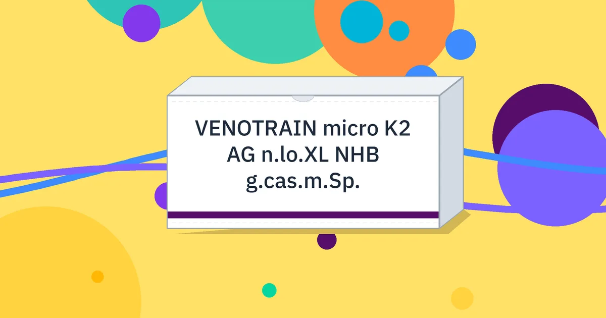 Symbolbild: Packung mit der Aufschrift VENOTRAIN micro K2 AG n.lo.XL NHB g.cas.m.Sp. (PZN 20759299) – Verfügbarkeit und Bezug in Apotheken in Frankfurt am Main