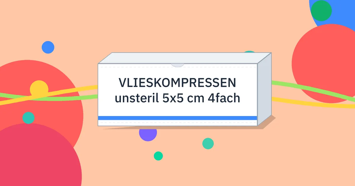 Symbolbild: Packung mit der Aufschrift VLIESKOMPRESSEN unsteril 5x5 cm 4fach (PZN 03993384) – Verfügbarkeit und Bezug in Apotheken in Frankfurt am Main