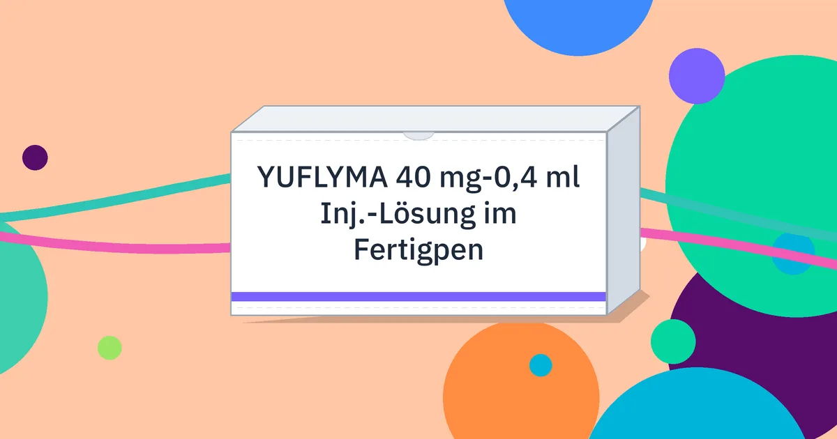 Symbolbild: Packung mit der Aufschrift YUFLYMA 40 mg-0,4 ml Inj.-Lösung im Fertigpen (PZN 17576508) – Verfügbarkeit und Bezug in Apotheken in Frankfurt am Main