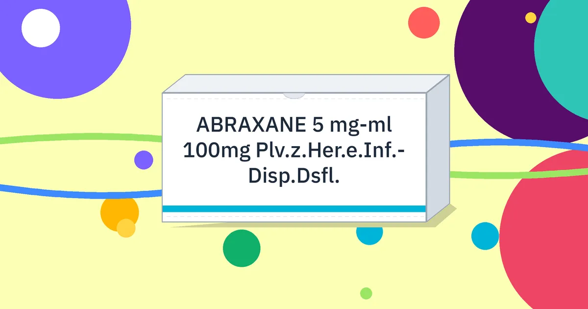 Symbolbild: Packung mit der Aufschrift ABRAXANE 5 mg-ml 100mg Plv.z.Her.e.Inf.-Disp.Dsfl. (PZN 14173106) – Verfügbarkeit und Bezug in Apotheken in Frankfurt am Main