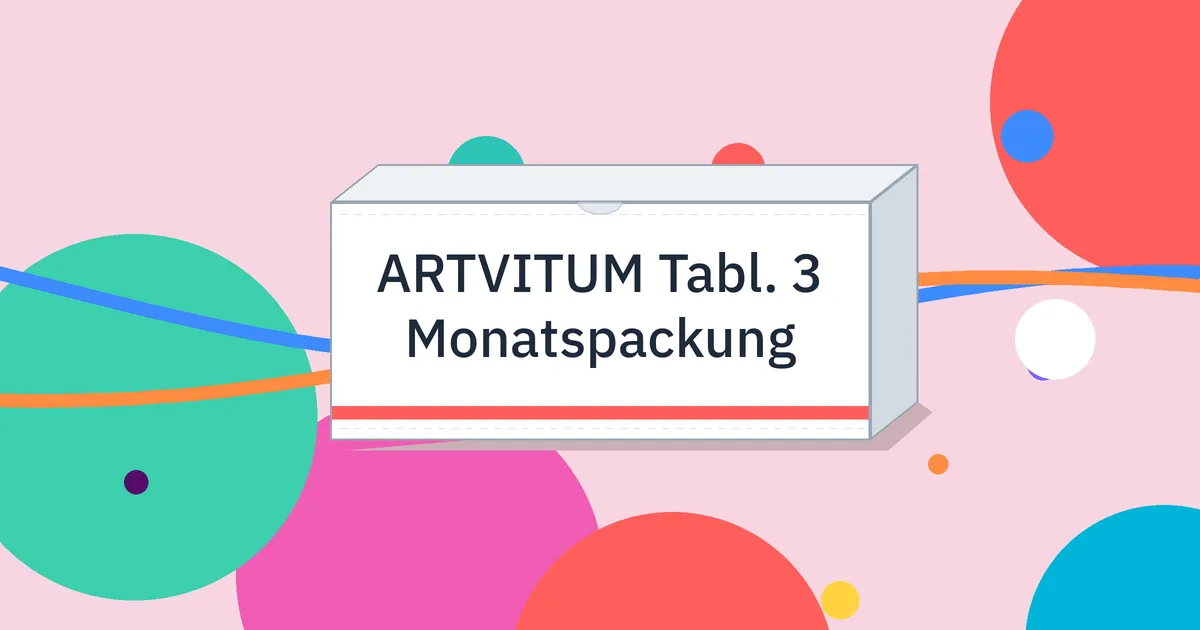 Symbolbild: Packung mit der Aufschrift ARTVITUM Tabl. 3 Monatspackung (PZN 00241465) – Verfügbarkeit und Bezug in Apotheken in Frankfurt am Main