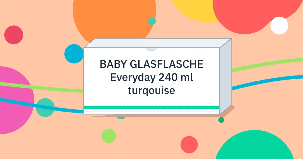 Symbolbild: Packung mit der Aufschrift BABY GLASFLASCHE Everyday 240 ml turqouise (PZN 16652012) – Verfügbarkeit und Bezug in Apotheken in Frankfurt am Main