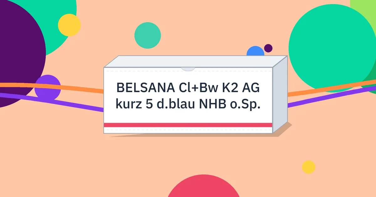 Symbolbild: Packung mit der Aufschrift BELSANA Cl+Bw K2 AG kurz 5 d.blau NHB o.Sp. (PZN 15627466) – Verfügbarkeit und Bezug in Apotheken in Frankfurt am Main