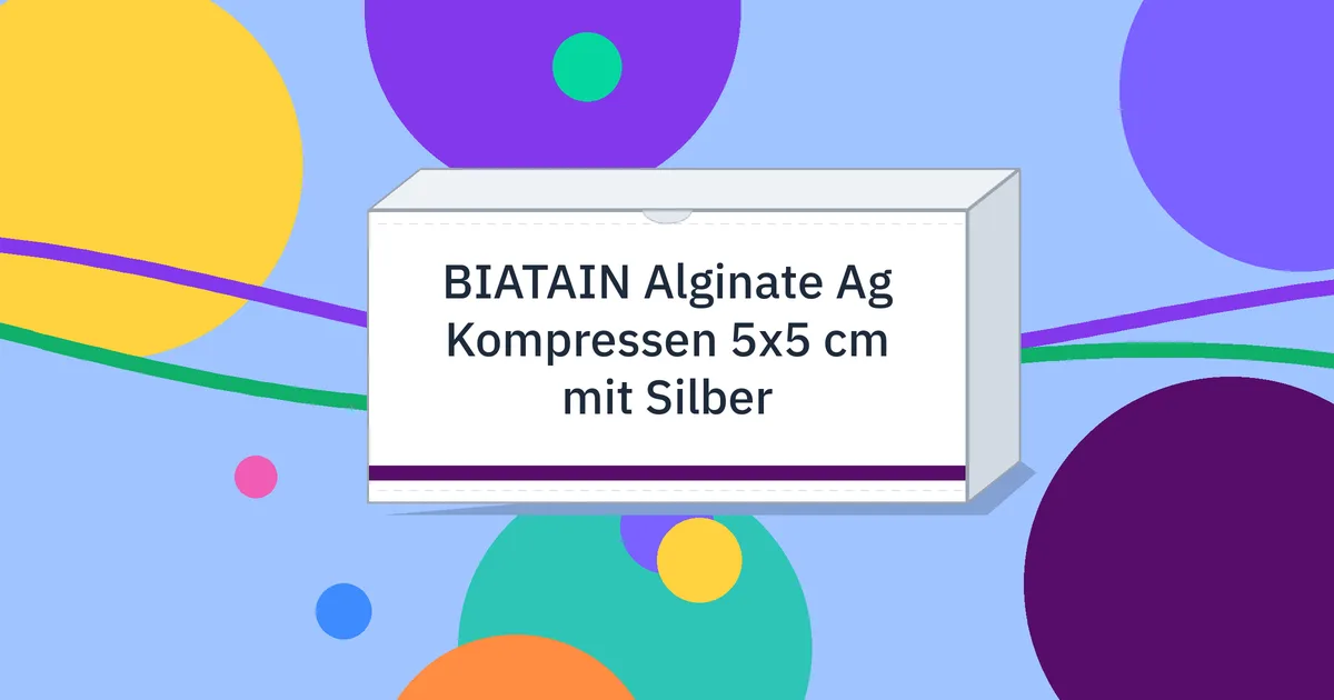 Symbolbild: Packung mit der Aufschrift BIATAIN Alginate Ag Kompressen 5x5 cm mit Silber (PZN 10523791) – Verfügbarkeit und Bezug in Apotheken in Frankfurt am Main