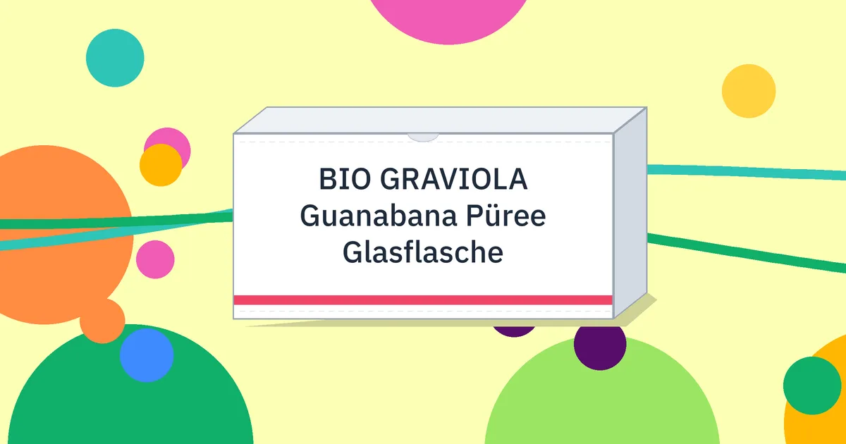 Symbolbild: Packung mit der Aufschrift BIO GRAVIOLA Guanabana Püree Glasflasche (PZN 11724511) – Verfügbarkeit und Bezug in Apotheken in Frankfurt am Main