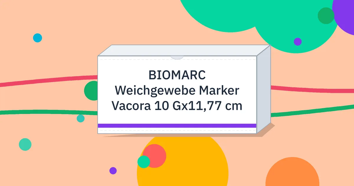 Symbolbild: Packung mit der Aufschrift BIOMARC Weichgewebe Marker Vacora 10 Gx11,77 cm (PZN 09523432) – Verfügbarkeit und Bezug in Apotheken in Frankfurt am Main