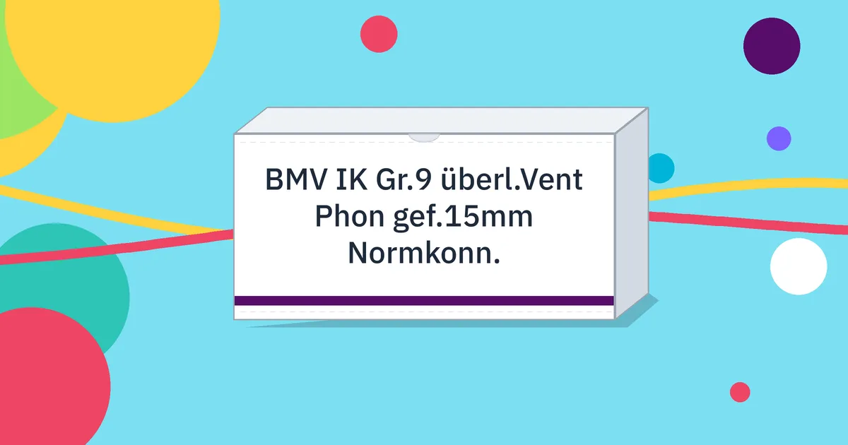 Symbolbild: Packung mit der Aufschrift BMV IK Gr.9 überl.Vent Phon gef.15mm Normkonn. (PZN 18382172) – Verfügbarkeit und Bezug in Apotheken in Frankfurt am Main