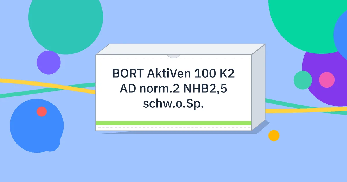 Symbolbild: Packung mit der Aufschrift BORT AktiVen 100 K2 AD norm.2 NHB2,5 schw.o.Sp. (PZN 17501611) – Verfügbarkeit und Bezug in Apotheken in Frankfurt am Main