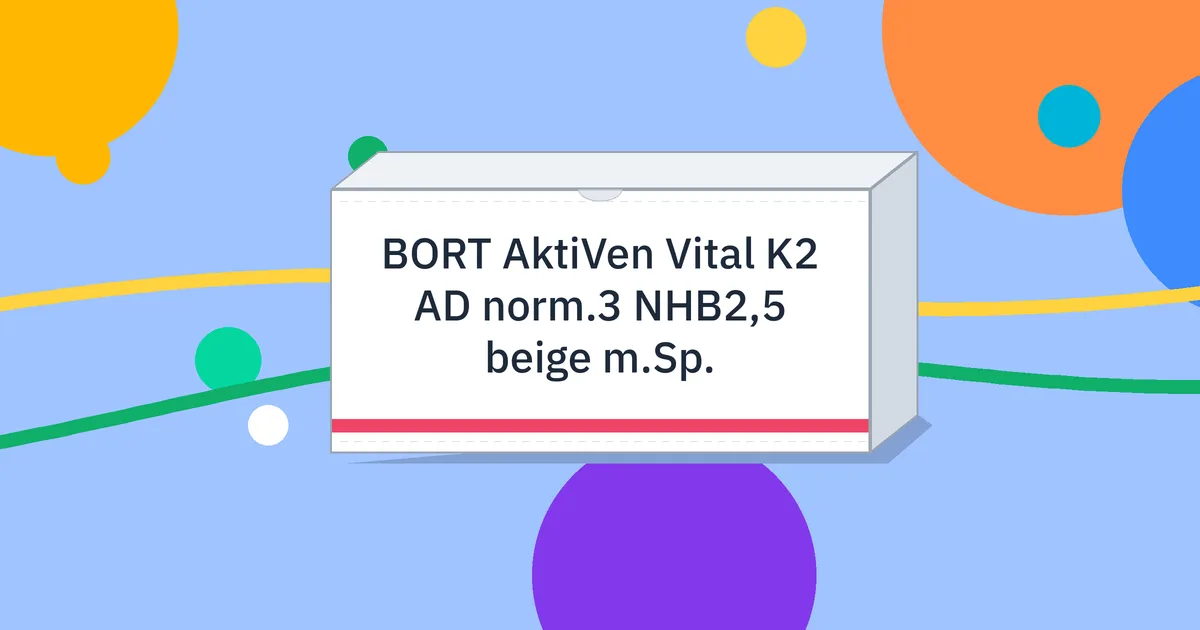 Symbolbild: Packung mit der Aufschrift BORT AktiVen Vital K2 AD norm.3 NHB2,5 beige m.Sp. (PZN 17499073) – Verfügbarkeit und Bezug in Apotheken in Frankfurt am Main