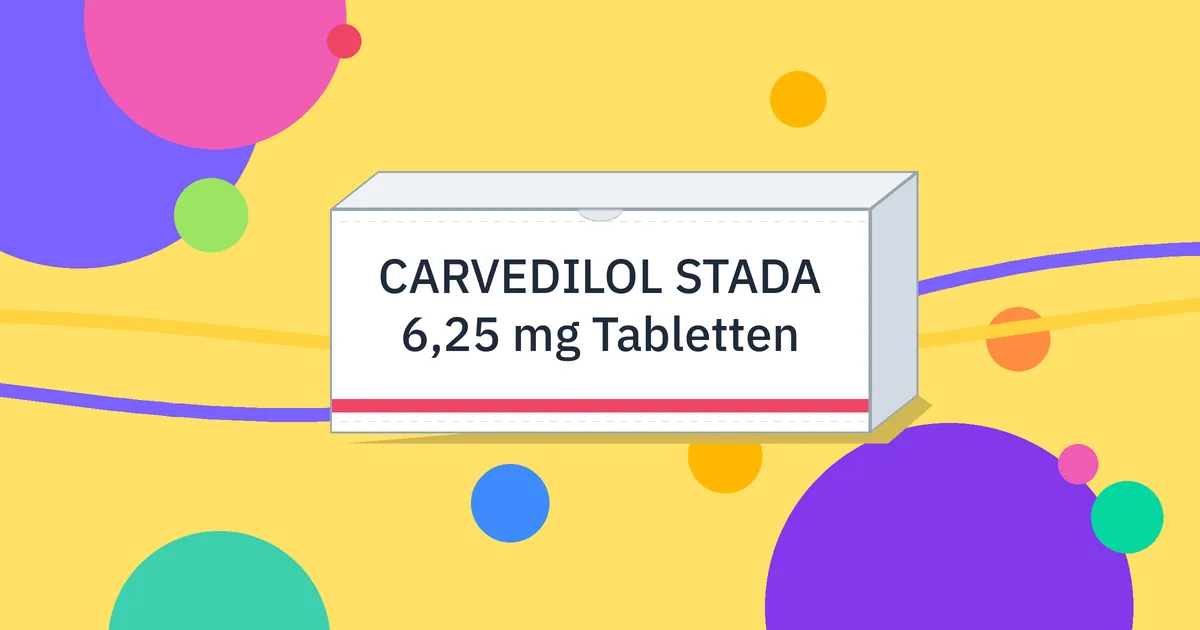 Symbolbild: Packung mit der Aufschrift CARVEDILOL STADA 6,25 mg Tabletten (PZN 03845057) – Verfügbarkeit und Bezug in Apotheken in Frankfurt am Main