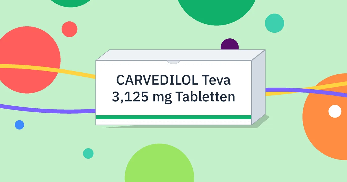 Symbolbild: Packung mit der Aufschrift CARVEDILOL Teva 3,125 mg Tabletten (PZN 01021636) – Verfügbarkeit und Bezug in Apotheken in Frankfurt am Main