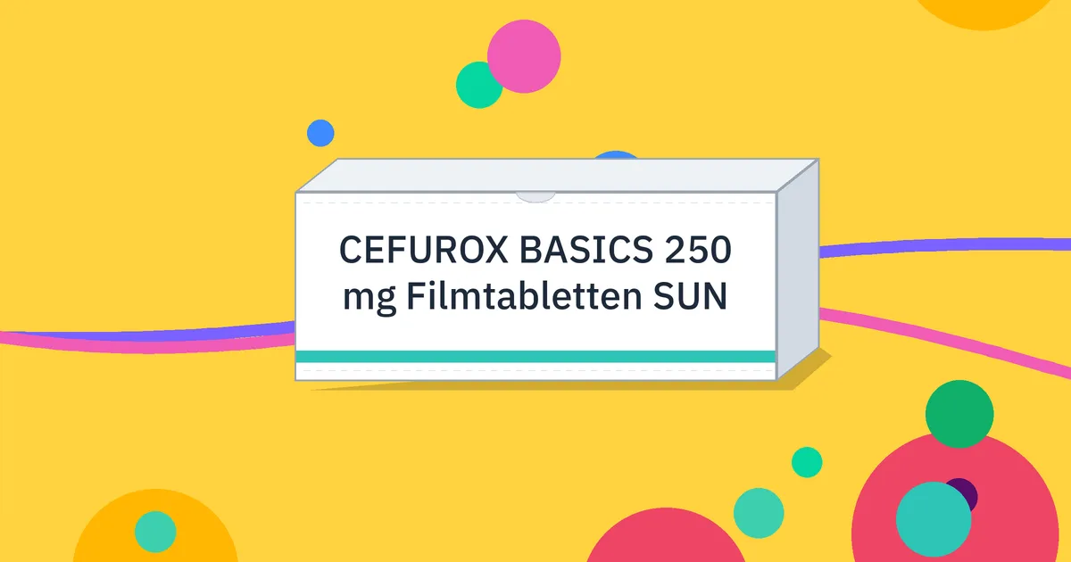 Symbolbild: Packung mit der Aufschrift CEFUROX BASICS 250 mg Filmtabletten SUN (PZN 16230498) – Verfügbarkeit und Bezug in Apotheken in Frankfurt am Main