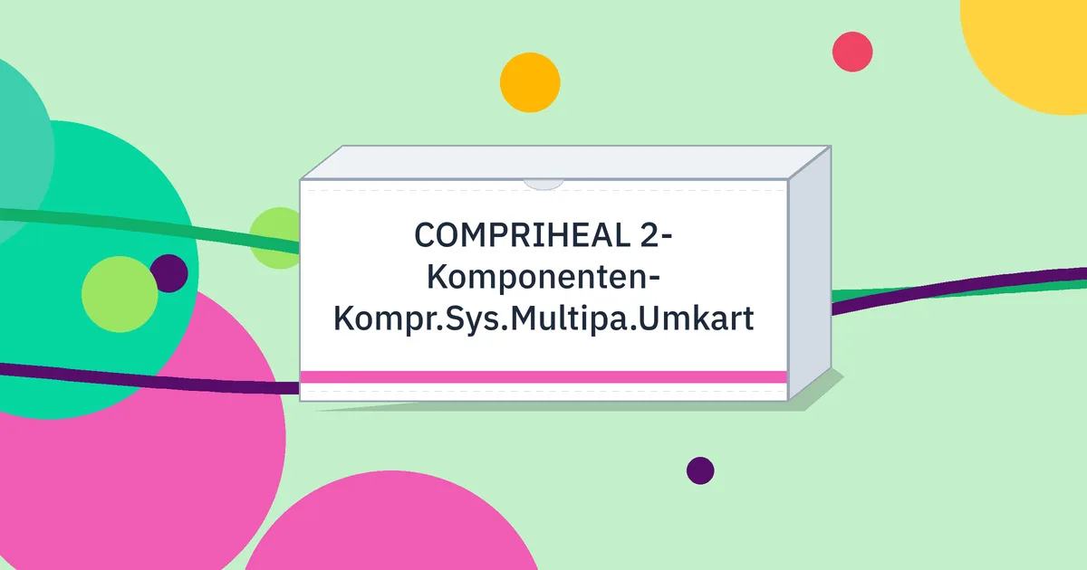 Symbolbild: Packung mit der Aufschrift COMPRIHEAL 2-Komponenten-Kompr.Sys.Multipa.Umkart (PZN 20130259) – Verfügbarkeit und Bezug in Apotheken in Frankfurt am Main