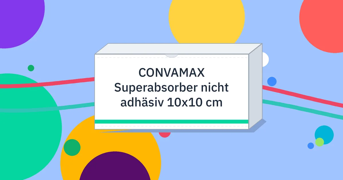 Symbolbild: Packung mit der Aufschrift CONVAMAX Superabsorber nicht adhäsiv 10x10 cm (PZN 20120309) – Verfügbarkeit und Bezug in Apotheken in Frankfurt am Main