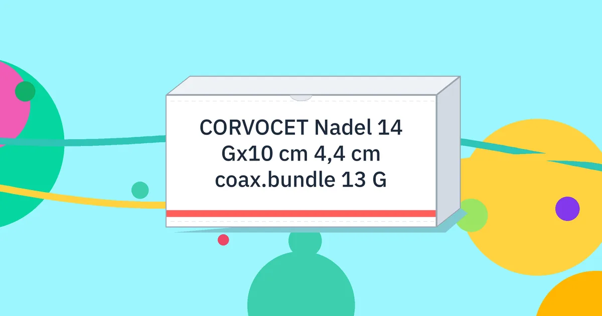 Symbolbild: Packung mit der Aufschrift CORVOCET Nadel 14 Gx10 cm 4,4 cm coax.bundle 13 G (PZN 18764063) – Verfügbarkeit und Bezug in Apotheken in Frankfurt am Main