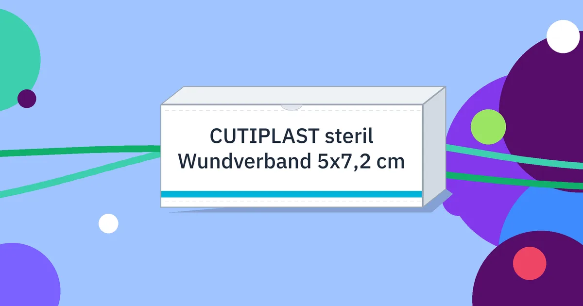 Symbolbild: Packung mit der Aufschrift CUTIPLAST steril Wundverband 5x7,2 cm (PZN 18034689) – Verfügbarkeit und Bezug in Apotheken in Frankfurt am Main