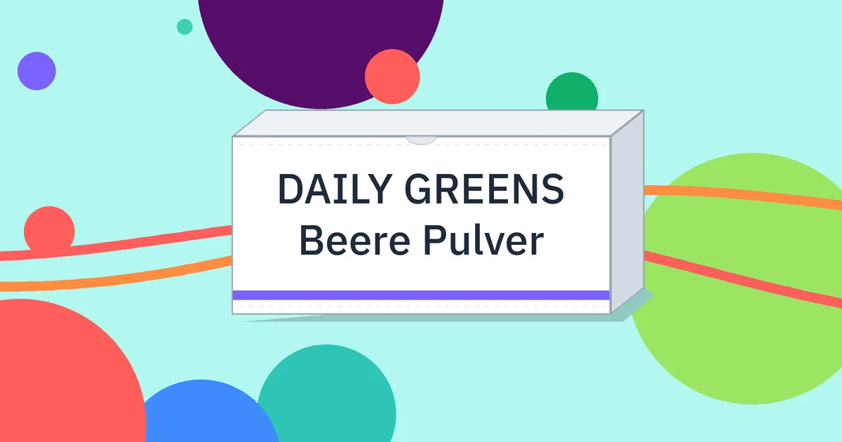 Symbolbild: Packung mit der Aufschrift DAILY GREENS Beere Pulver (PZN 20645911) – Verfügbarkeit und Bezug in Apotheken in Frankfurt am Main