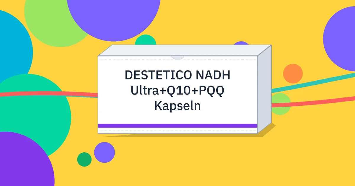 Symbolbild: Packung mit der Aufschrift DESTETICO NADH Ultra+Q10+PQQ Kapseln (PZN 19440581) – Verfügbarkeit und Bezug in Apotheken in Frankfurt am Main