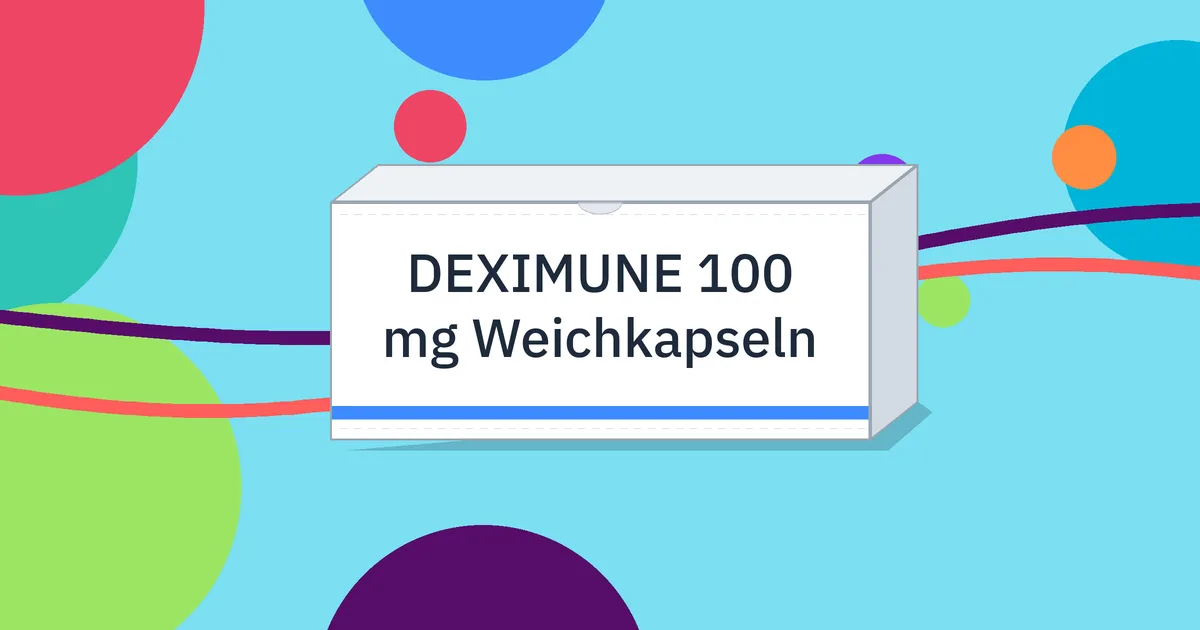 Symbolbild: Packung mit der Aufschrift DEXIMUNE 100 mg Weichkapseln (PZN 06056438) – Verfügbarkeit und Bezug in Apotheken in Frankfurt am Main