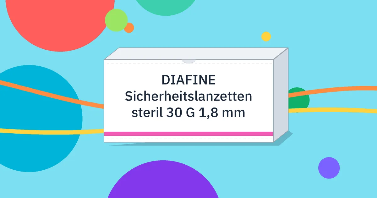 Symbolbild: Packung mit der Aufschrift DIAFINE Sicherheitslanzetten steril 30 G 1,8 mm (PZN 19853515) – Verfügbarkeit und Bezug in Apotheken in Frankfurt am Main