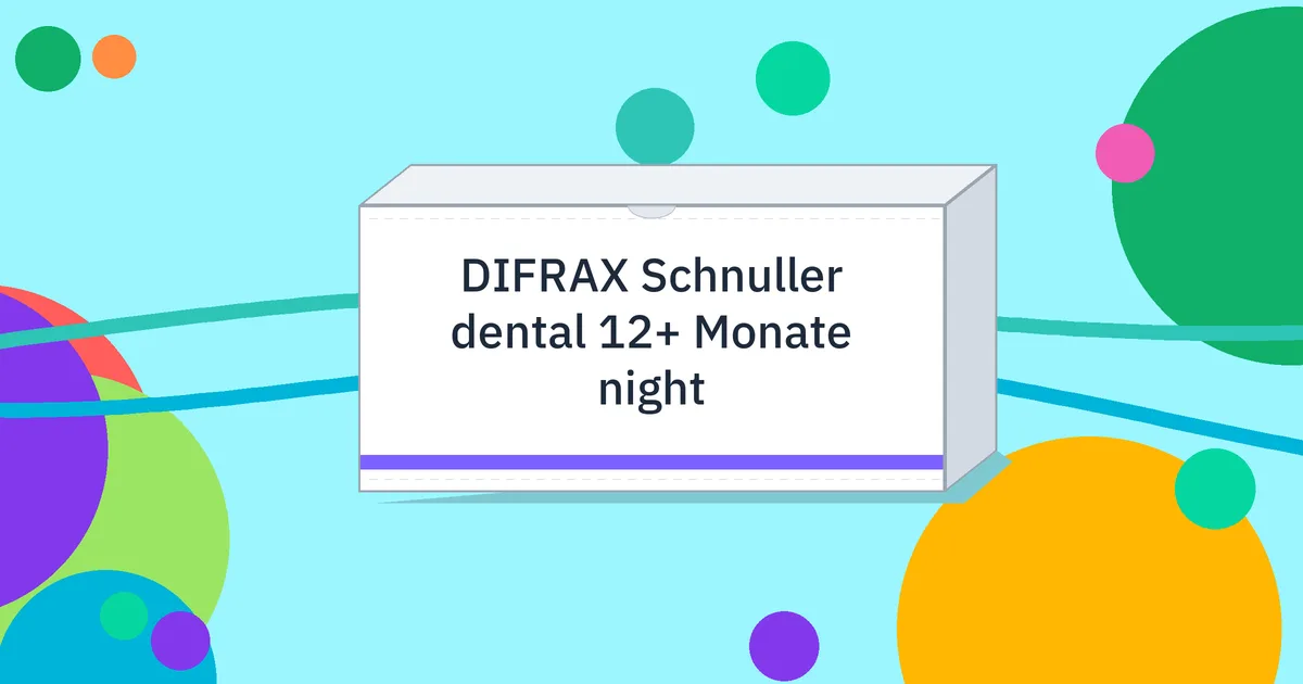 Symbolbild: Packung mit der Aufschrift DIFRAX Schnuller dental 12+ Monate night (PZN 12517760) – Verfügbarkeit und Bezug in Apotheken in Frankfurt am Main