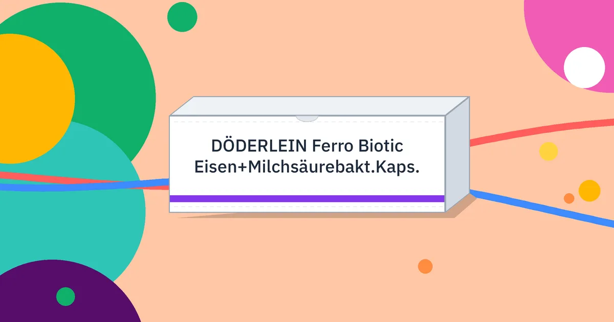 Symbolbild: Packung mit der Aufschrift DÖDERLEIN Ferro Biotic Eisen+Milchsäurebakt.Kaps. (PZN 19777441) – Verfügbarkeit und Bezug in Apotheken in Frankfurt am Main