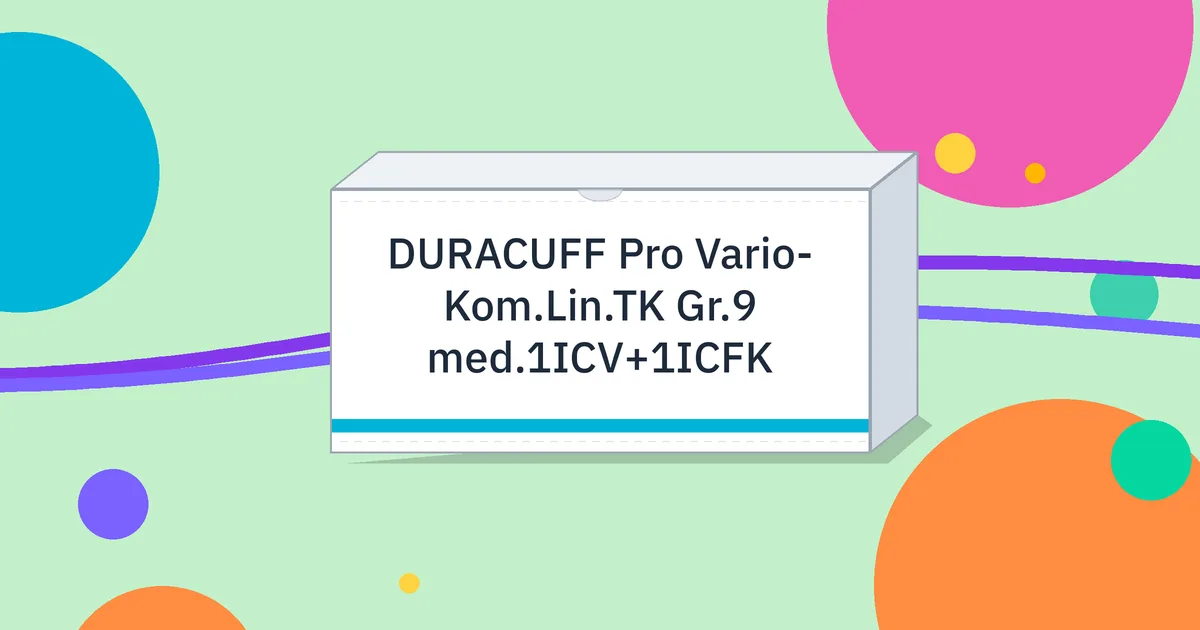 Symbolbild: Packung mit der Aufschrift DURACUFF Pro Vario-Kom.Lin.TK Gr.9 med.1ICV+1ICFK (PZN 19245460) – Verfügbarkeit und Bezug in Apotheken in Frankfurt am Main
