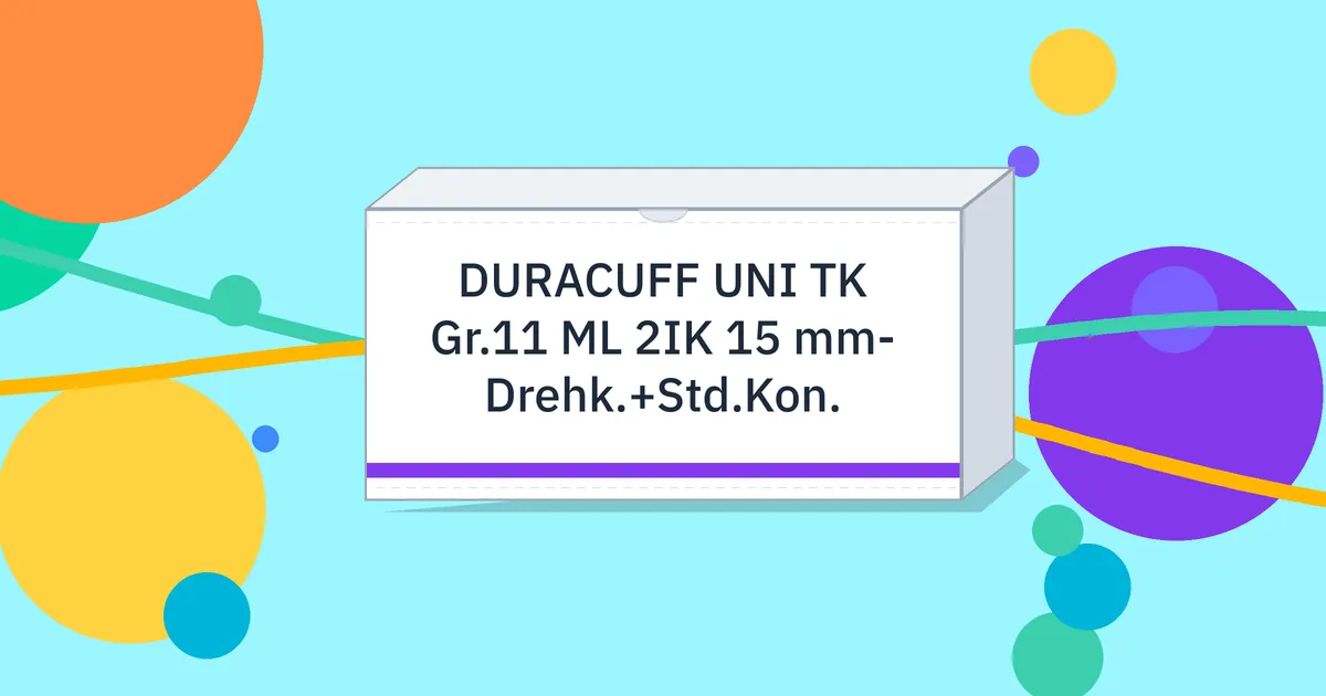 Symbolbild: Packung mit der Aufschrift DURACUFF UNI TK Gr.11 ML 2IK 15 mm-Drehk.+Std.Kon. (PZN 04961050) – Verfügbarkeit und Bezug in Apotheken in Frankfurt am Main