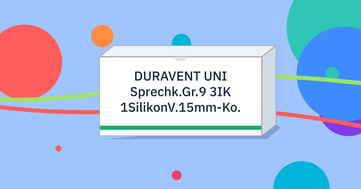 Symbolbild: Packung mit der Aufschrift DURAVENT UNI Sprechk.Gr.9 3IK 1SilikonV.15mm-Ko. (PZN 02083438) – Verfügbarkeit und Bezug in Apotheken in Frankfurt am Main