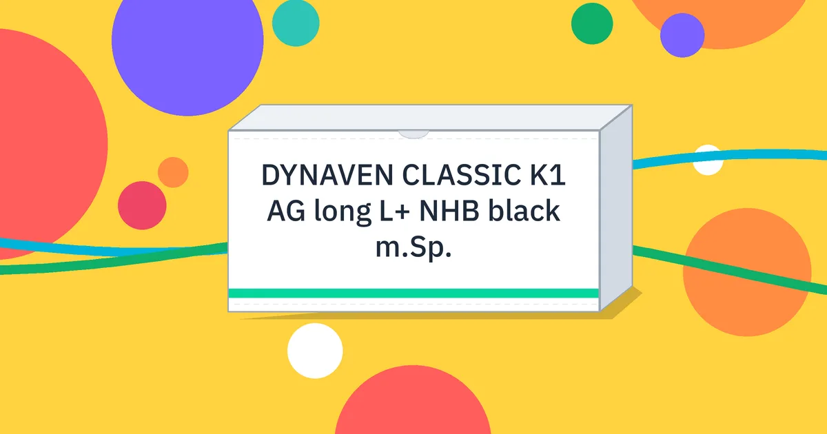 Symbolbild: Packung mit der Aufschrift DYNAVEN CLASSIC K1 AG long L+ NHB black m.Sp. (PZN 18415730) – Verfügbarkeit und Bezug in Apotheken in Frankfurt am Main