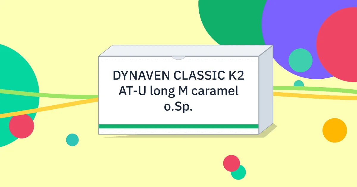 Symbolbild: Packung mit der Aufschrift DYNAVEN CLASSIC K2 AT-U long M caramel o.Sp. (PZN 18419633) – Verfügbarkeit und Bezug in Apotheken in Frankfurt am Main