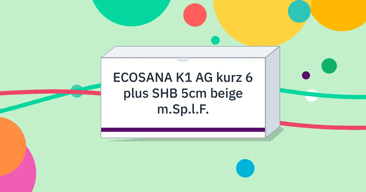 Symbolbild: Packung mit der Aufschrift ECOSANA K1 AG kurz 6 plus SHB 5cm beige m.Sp.l.F. (PZN 04730043) – Verfügbarkeit und Bezug in Apotheken in Frankfurt am Main