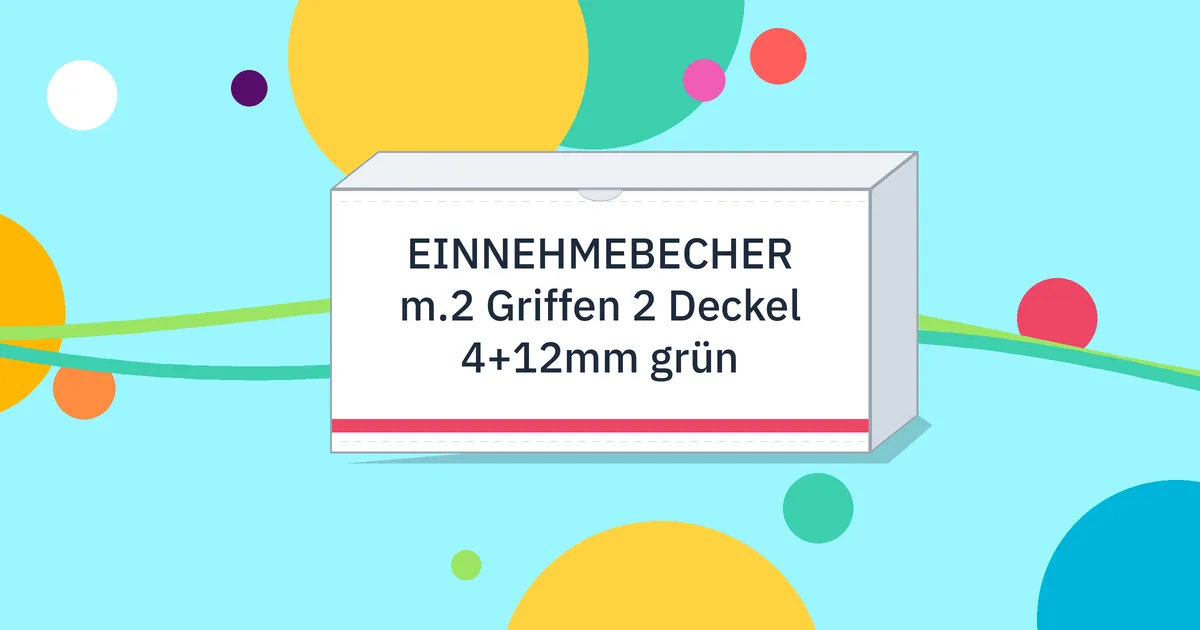 Symbolbild: Packung mit der Aufschrift EINNEHMEBECHER m.2 Griffen 2 Deckel 4+12mm grün (PZN 10124105) – Verfügbarkeit und Bezug in Apotheken in Frankfurt am Main