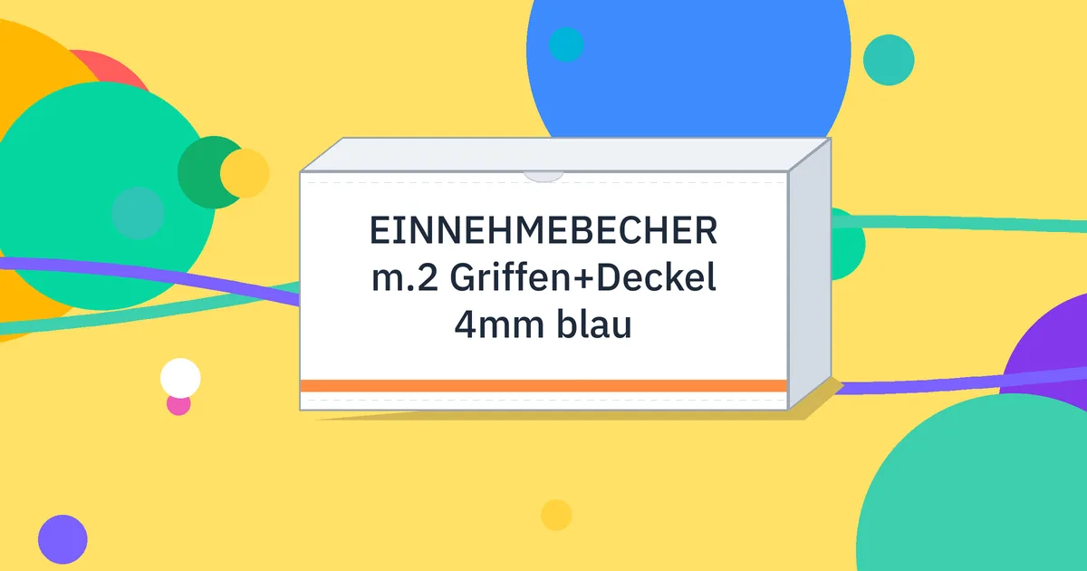Symbolbild: Packung mit der Aufschrift EINNEHMEBECHER m.2 Griffen+Deckel 4mm blau (PZN 01349957) – Verfügbarkeit und Bezug in Apotheken in Frankfurt am Main