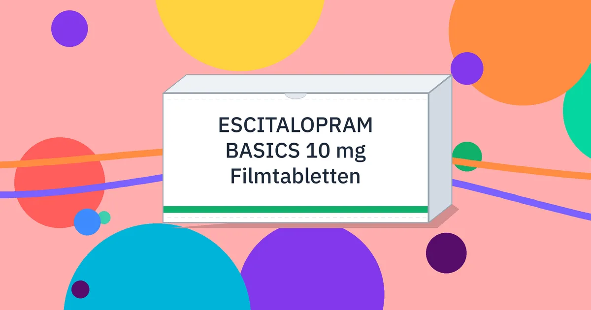 Symbolbild: Packung mit der Aufschrift ESCITALOPRAM BASICS 10 mg Filmtabletten (PZN 10206547) – Verfügbarkeit und Bezug in Apotheken in Frankfurt am Main