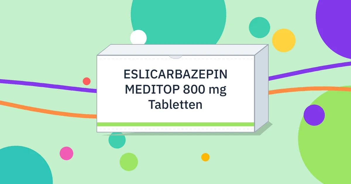Symbolbild: Packung mit der Aufschrift ESLICARBAZEPIN MEDITOP 800 mg Tabletten (PZN 18777580) – Verfügbarkeit und Bezug in Apotheken in Frankfurt am Main